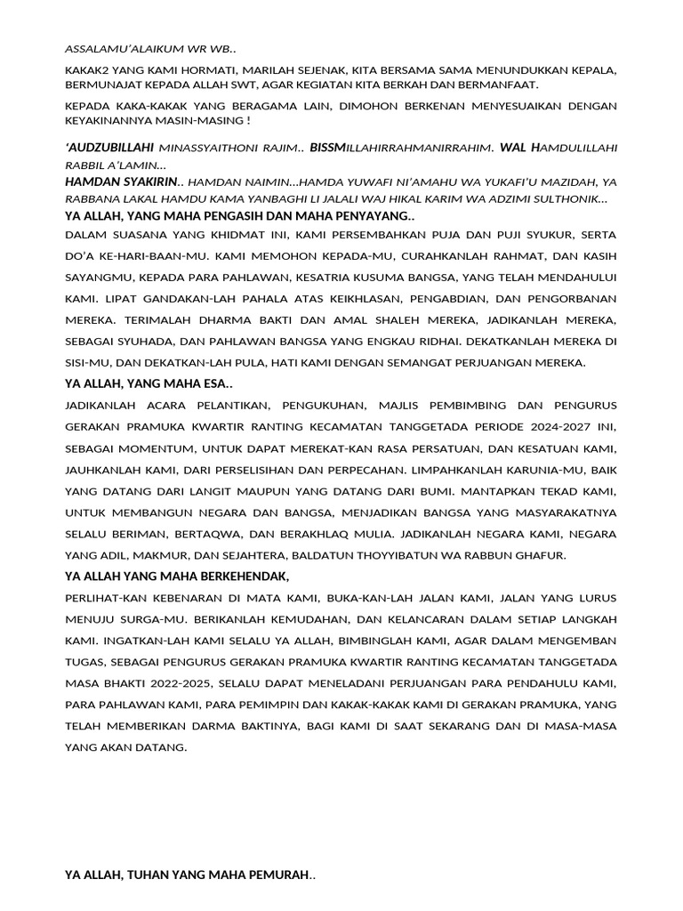 DOA PELANTIKAN DAN PENGUKUHAN RANTING TANGGETADA 2024-2027 | PDF