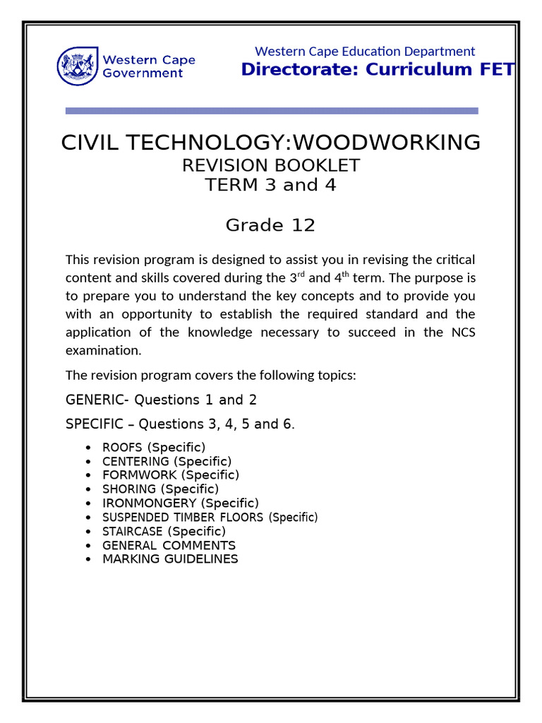 Grade 12 Civil Technology Woodworking Revision | PDF | Stairs | Roof
