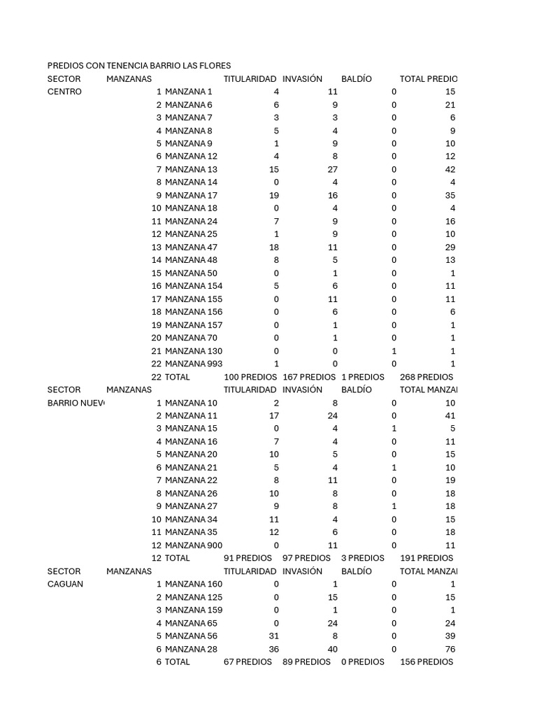 Inventario Tenencia Barrio Las Flores | PDF