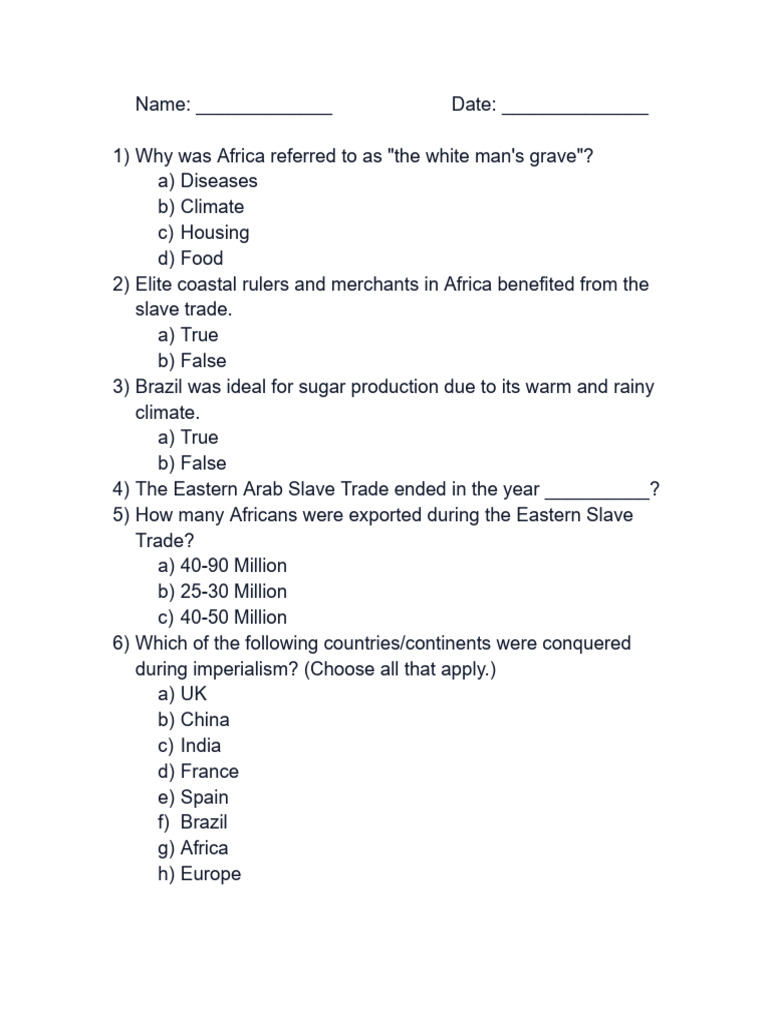 African Slave Trade Quiz Questions | PDF | Slavery | Atlantic Slave Trade