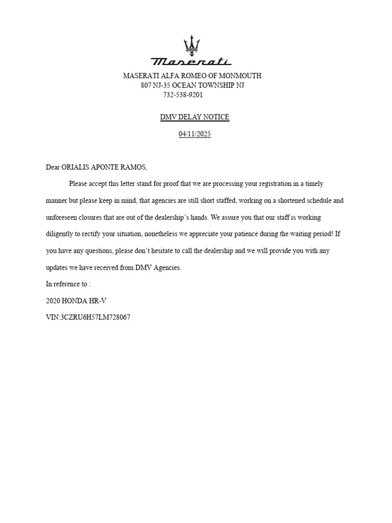 DMV Registration Delay Notice | PDF