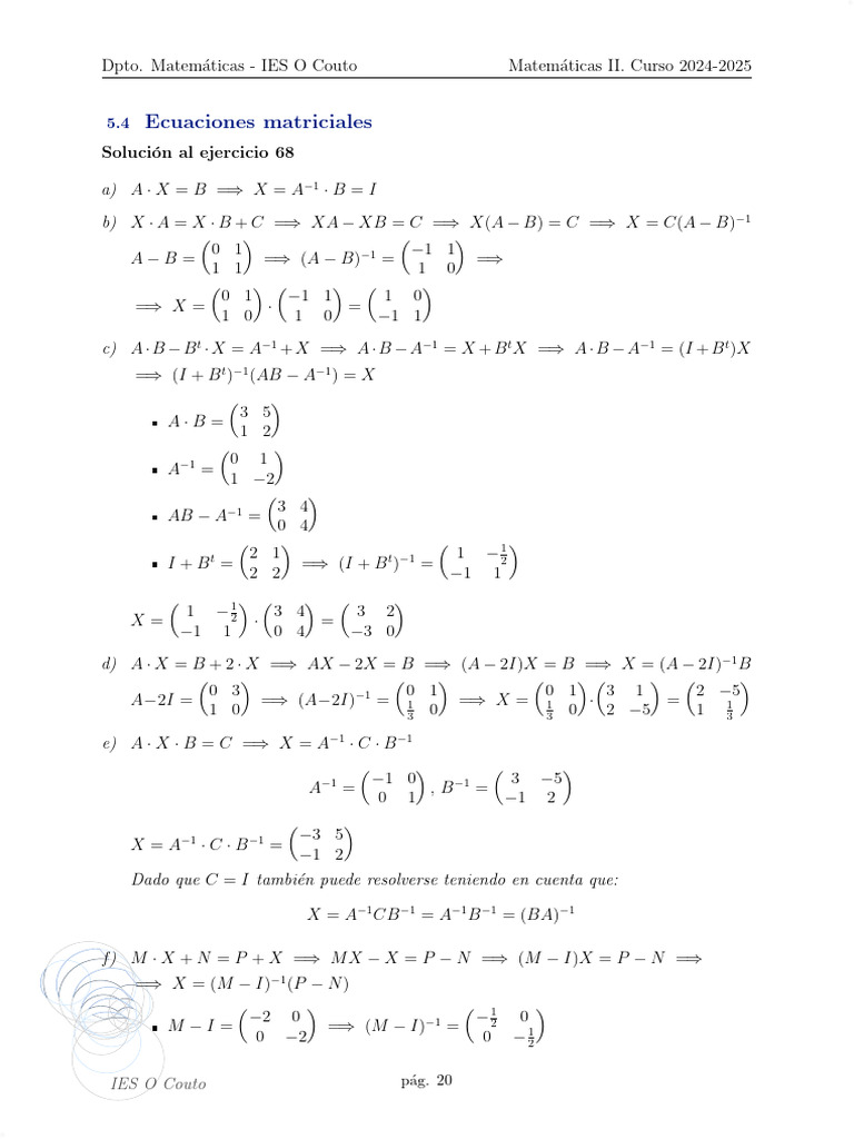 Ecuaciones Matriciales: Soluci On Al Ejercicio 68 | PDF | Matemáticas
