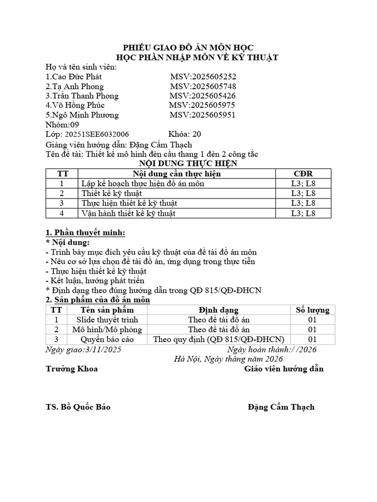 Phiếu Giao Đồ Án NMKT Nhóm 9 | PDF