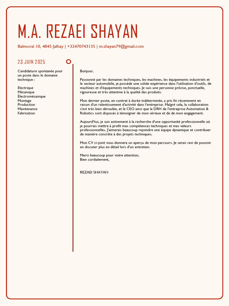 Candidature Technique de M.A. Rezaei Shayan | PDF