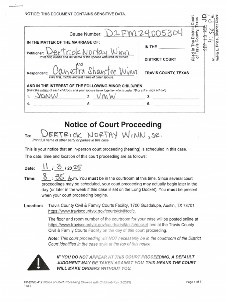 Notice of Court Proceeding C-O Dertrick N. Winn, Sr. | PDF