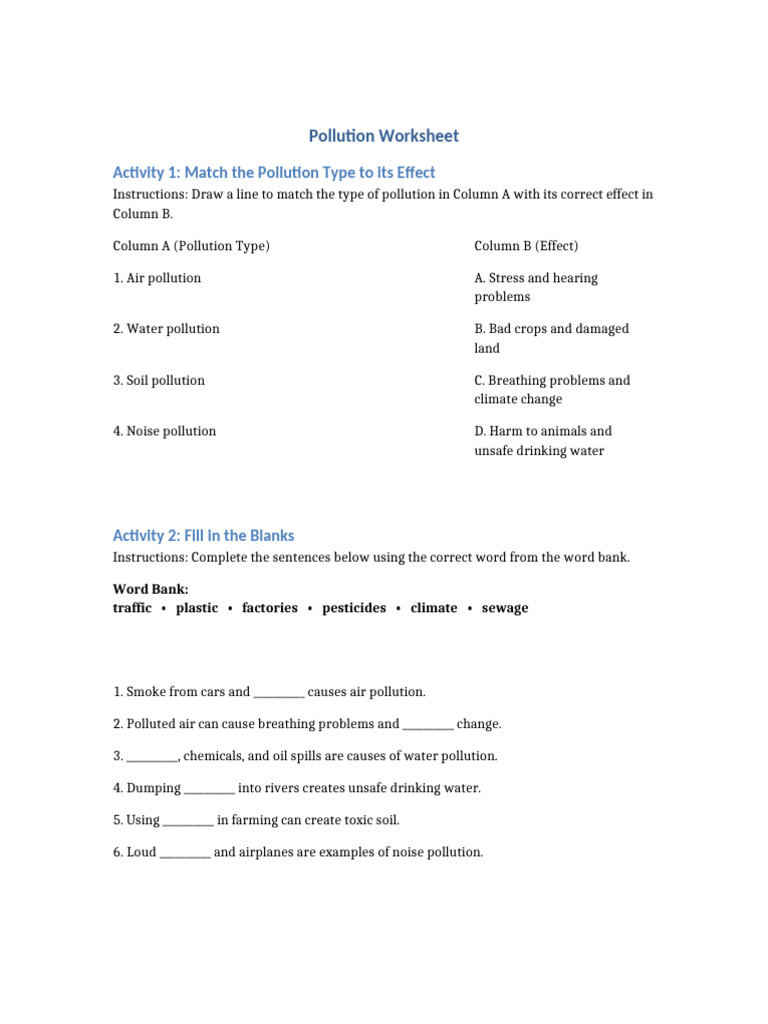 Pollution Types and Effects Worksheet | PDF