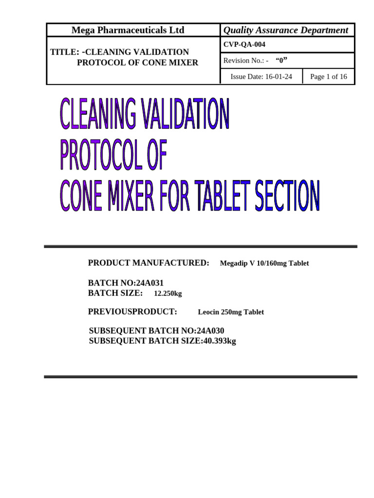 Cleaning Validation Protocol For Cone Mixer | PDF | Ultraviolet–Visible ...