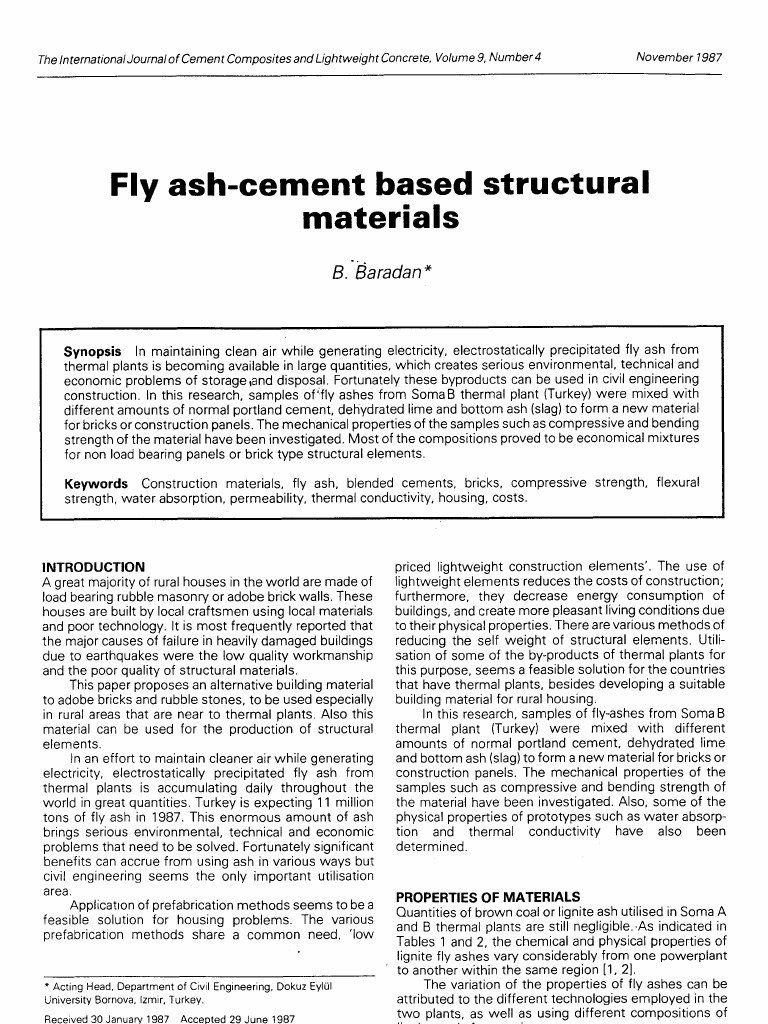 Fly Ash-Cement Based Structural Materials: B. "Baradan | PDF