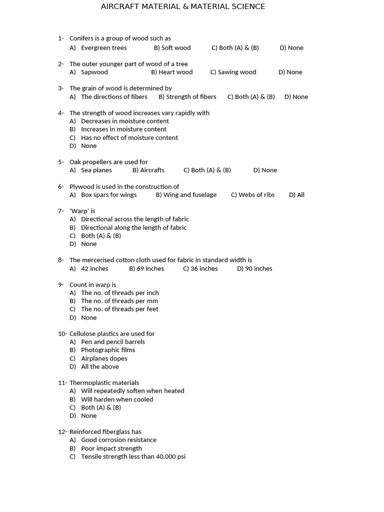 Aircraft Materials and Science Quiz | PDF | Steel | Wood