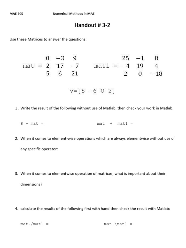 Handout #3-2 | PDF | Matlab | Matrix (Mathematics)