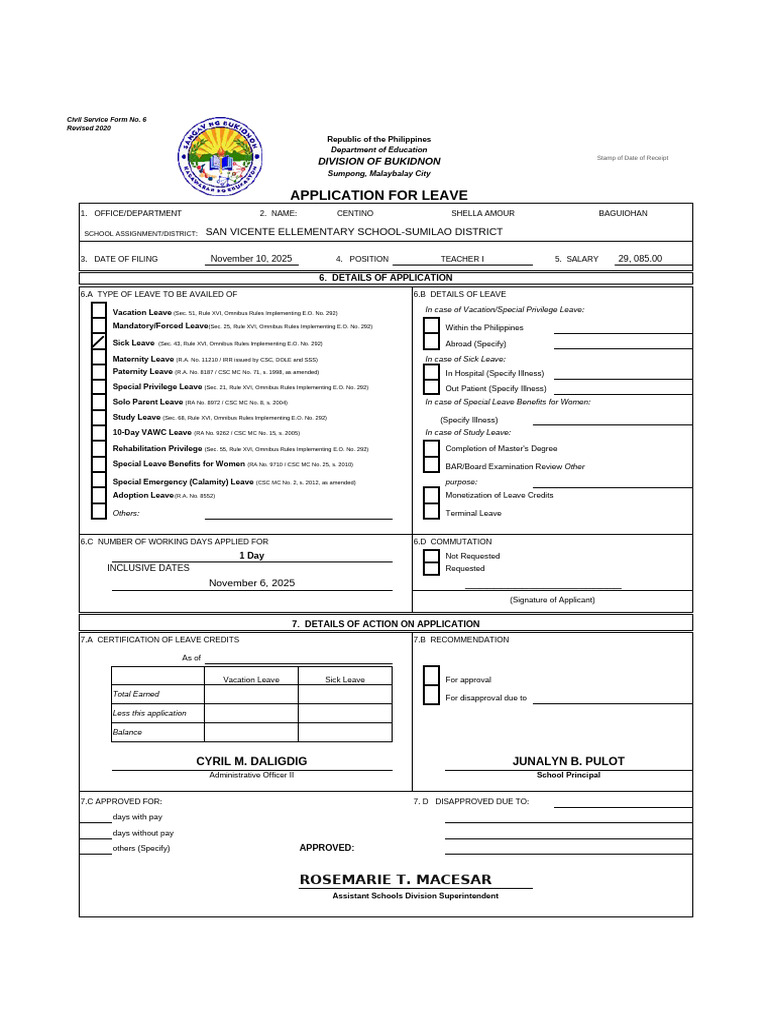 CSC Form 6 North Teaching 19 Days and Below | PDF | Parental Leave ...