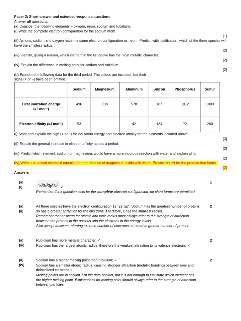 Paper 2 Questions On Kognity | PDF | Ion | Electron
