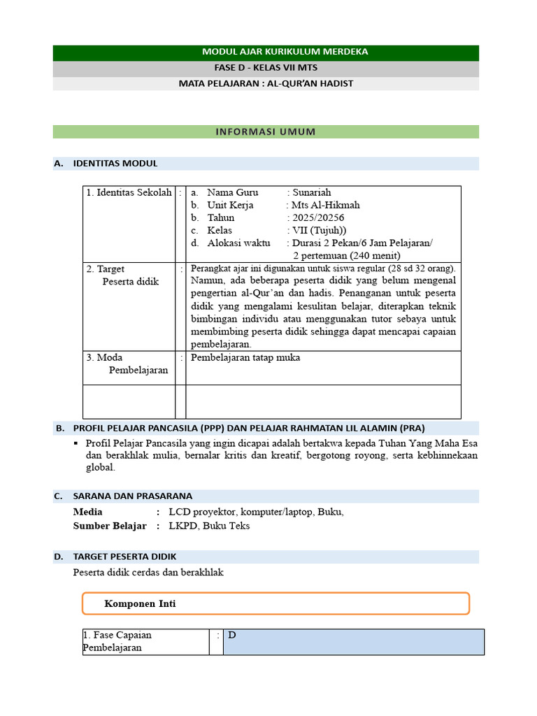 Modul Ajar Qurdis Sunariah | PDF