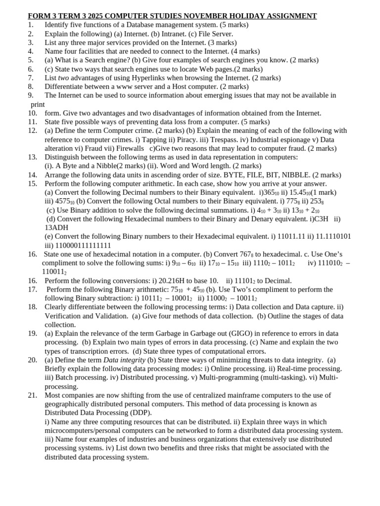 Computer Studies Holiday Assignment 2025 | PDF | Decimal | World Wide Web