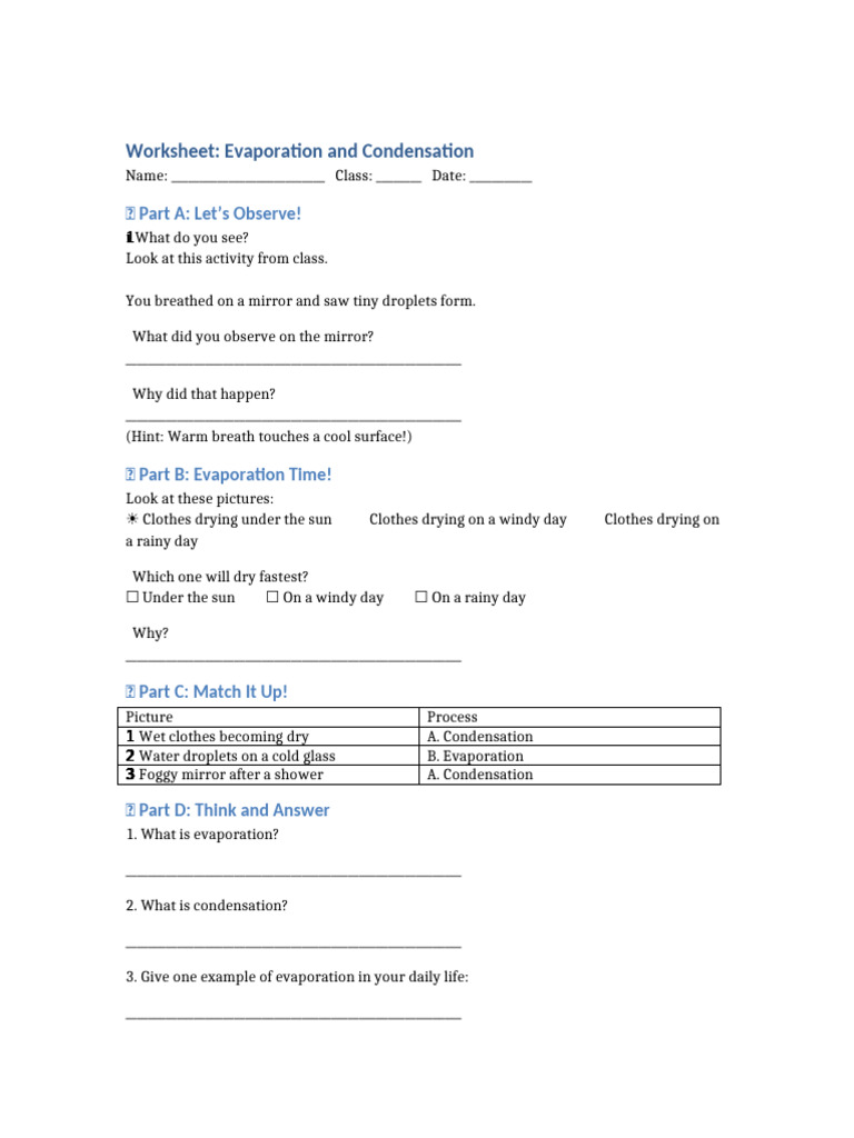 Evaporation and Condensation Worksheet | PDF