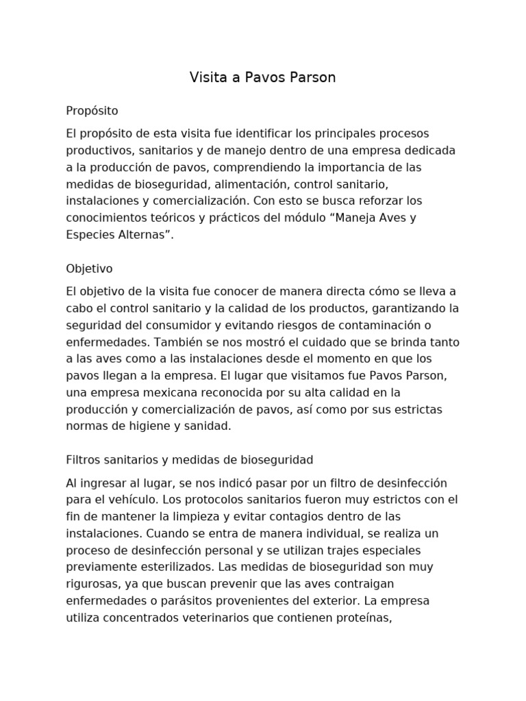 Visita a Pavos Parson: Procesos y Bioseguridad | PDF | Alimentos | Business