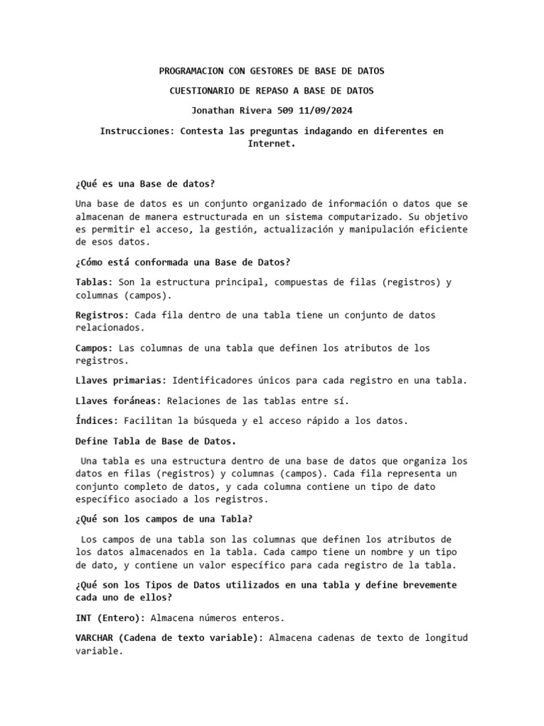 Actividad 2. Cuestionario de Fundamentos de Base de Datos | PDF | Base de datos relacional ...