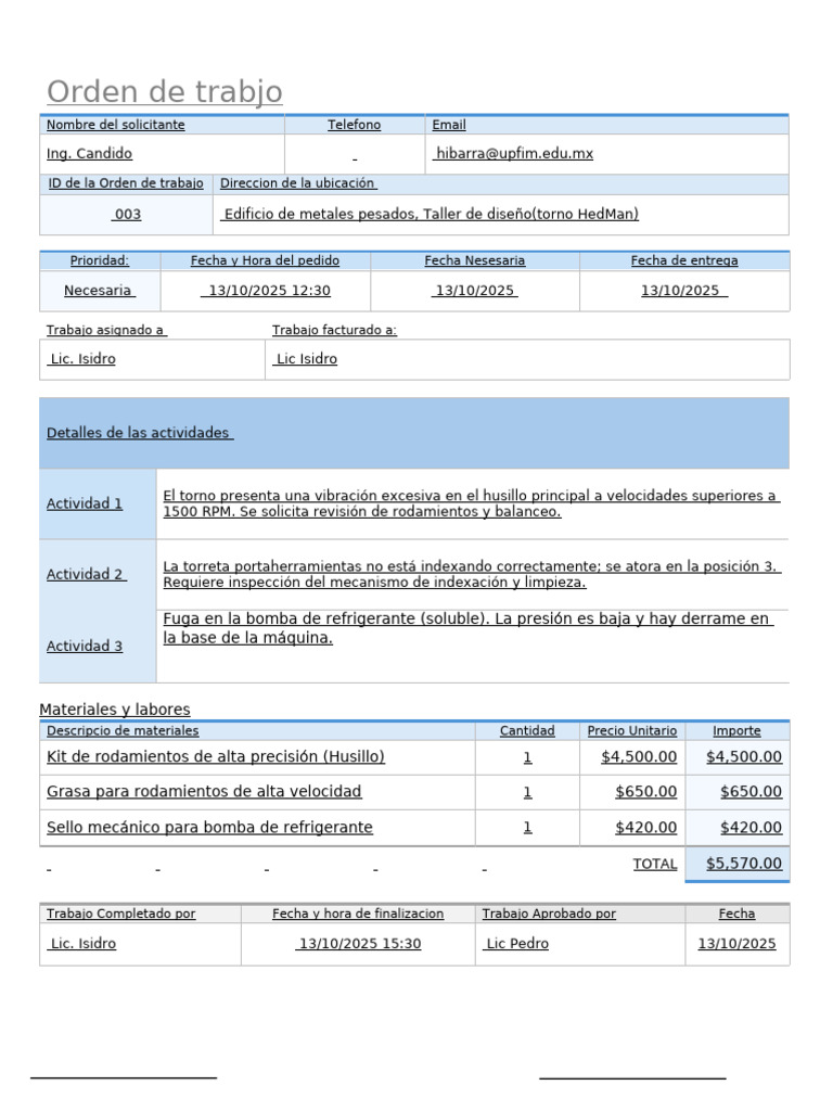 Work Order Torno HedMan | PDF