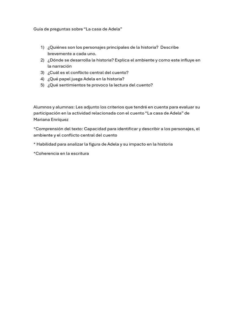 Preguntas Clave sobre "La casa de Adela" | PDF