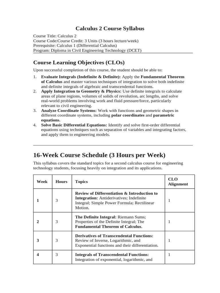 Calculus 2 Course Syllabus | PDF | Integral | Trigonometric Functions