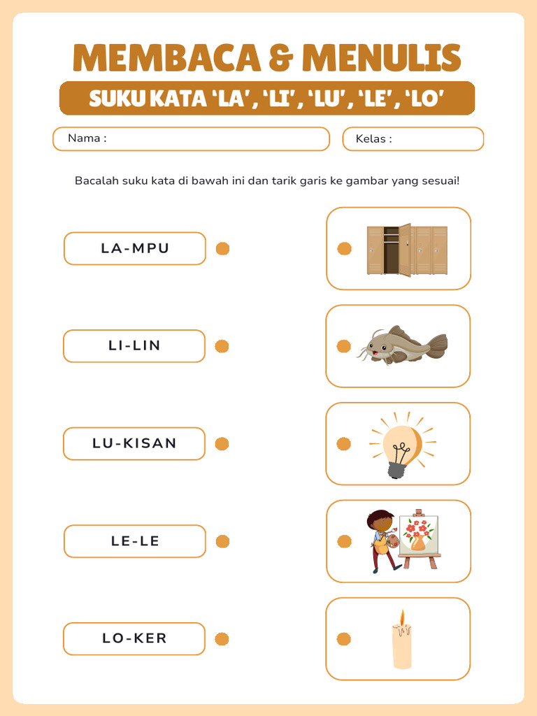 Membaca Dan Menulis Suku Kata La Li Lu Le Lo Lembar Kerja Cokelat ...