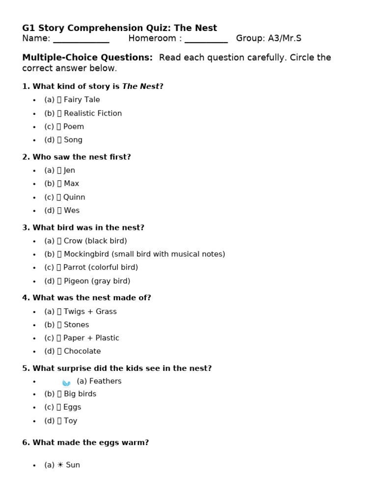 G1 Story Comprehension Quiz The Nest | PDF