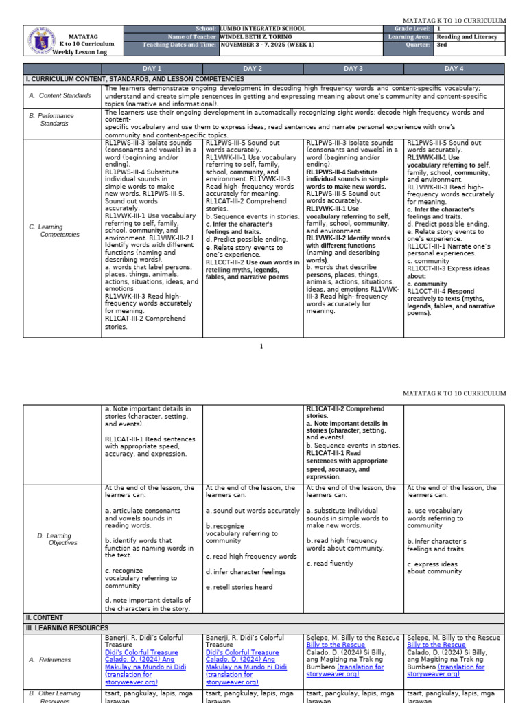 Dll Matatag Reading and Literacy 1 q3 w1 | PDF | Narrative | Vocabulary