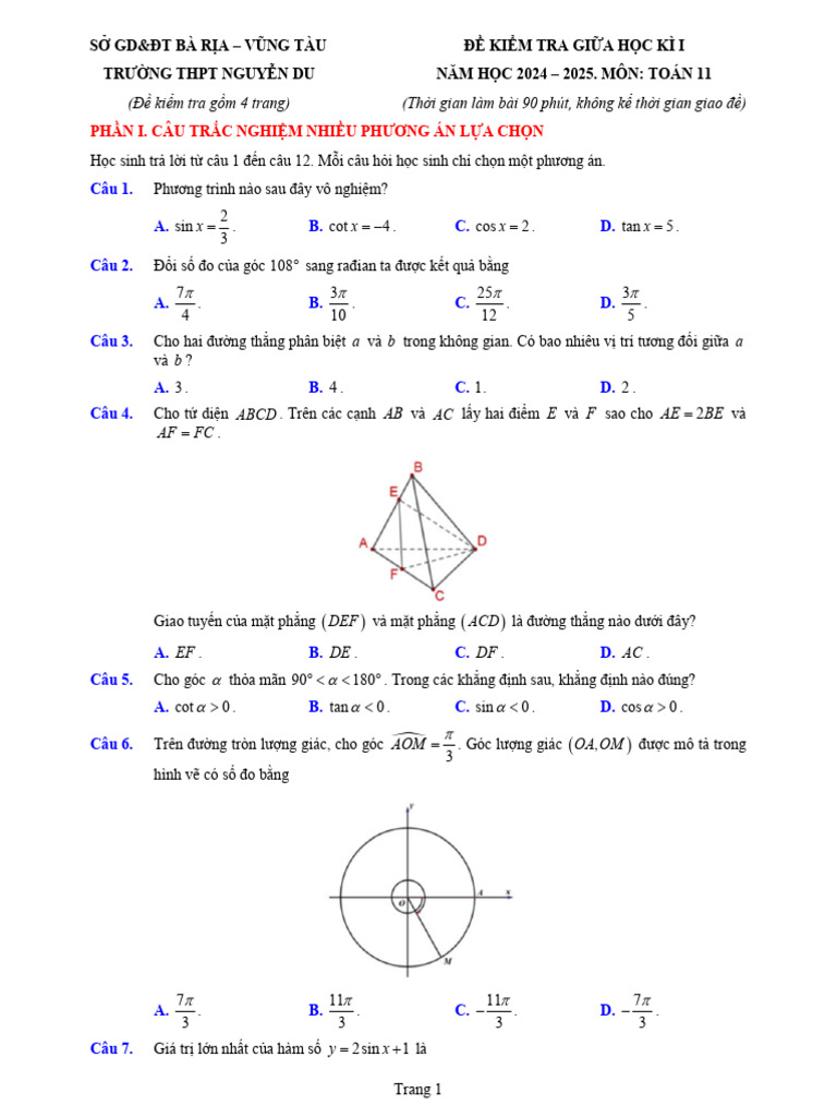 Đề Gk1.11.24021. Đề Giữa Kì 1 Toán 11 Trường Thpt Nguyễn Du - Br Vt (CD-ctst) | PDF