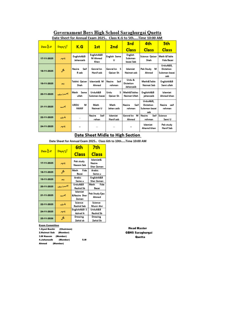 Annual Exam Date Sheet 2025 K.G to 5th | PDF