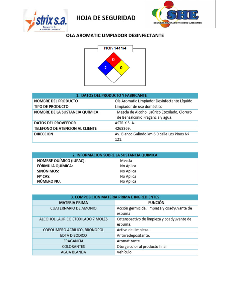 Hoja de Seguridad Limpiador Ola Aromatic | PDF | Agua | Solubilidad