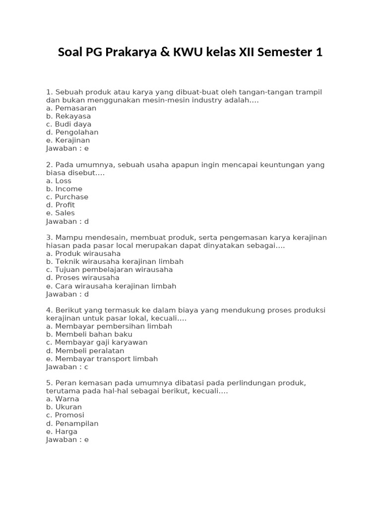 Soal PG Prakarya & KWU Kelas XII Semester 1 | PDF