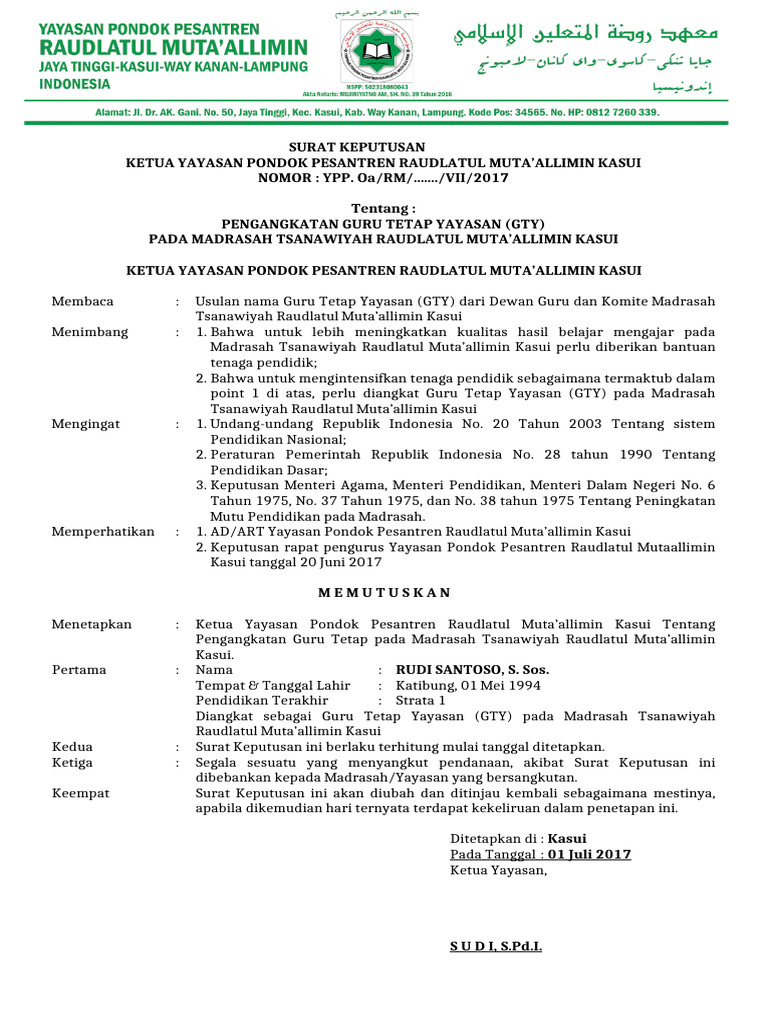 Contoh SK Guru Tetap Yayasan Madrasah Format | PDF