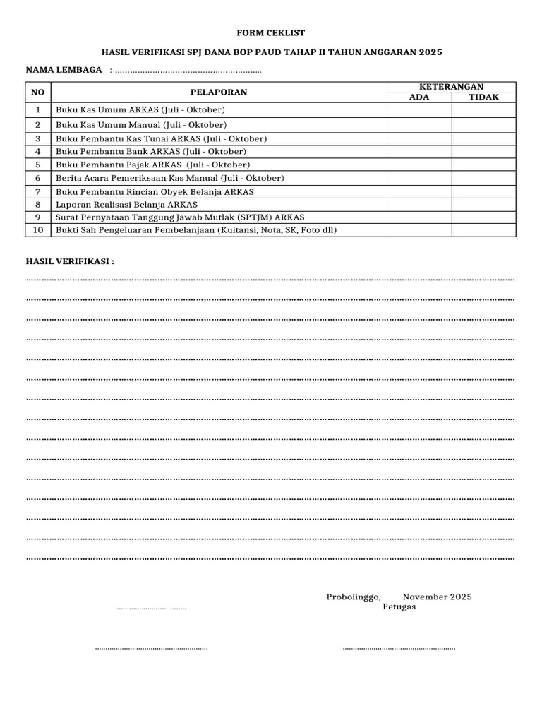 Form Ceklist Verifikasi SPJ Bop Paud Tahap II KB-TK Swasta | PDF