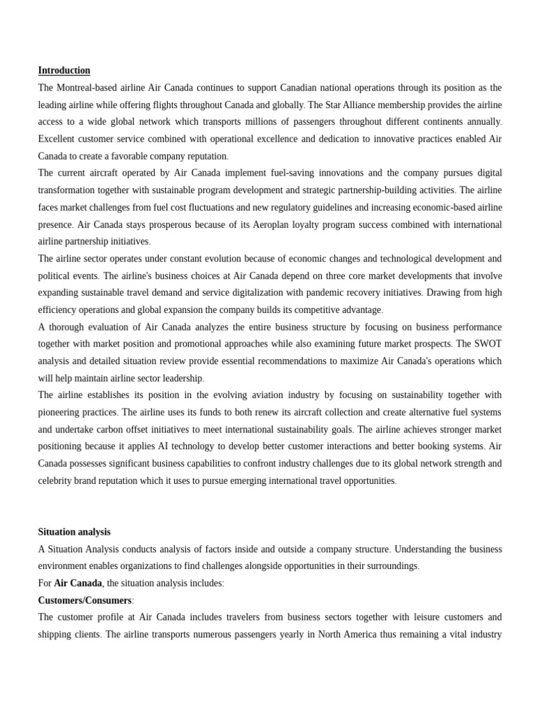 AIR CANADA Intro and Situation Analysis | PDF | Airlines | Recession
