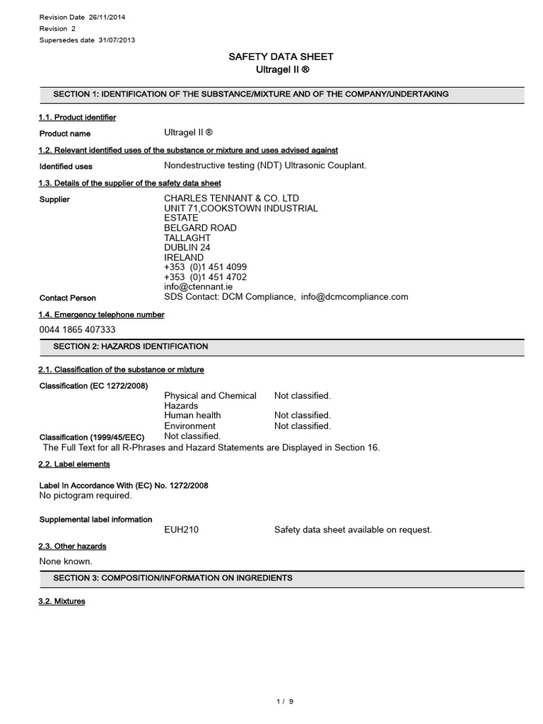 Msds Ultragel II R Rev 2 | PDF | Dangerous Goods | Toxicity