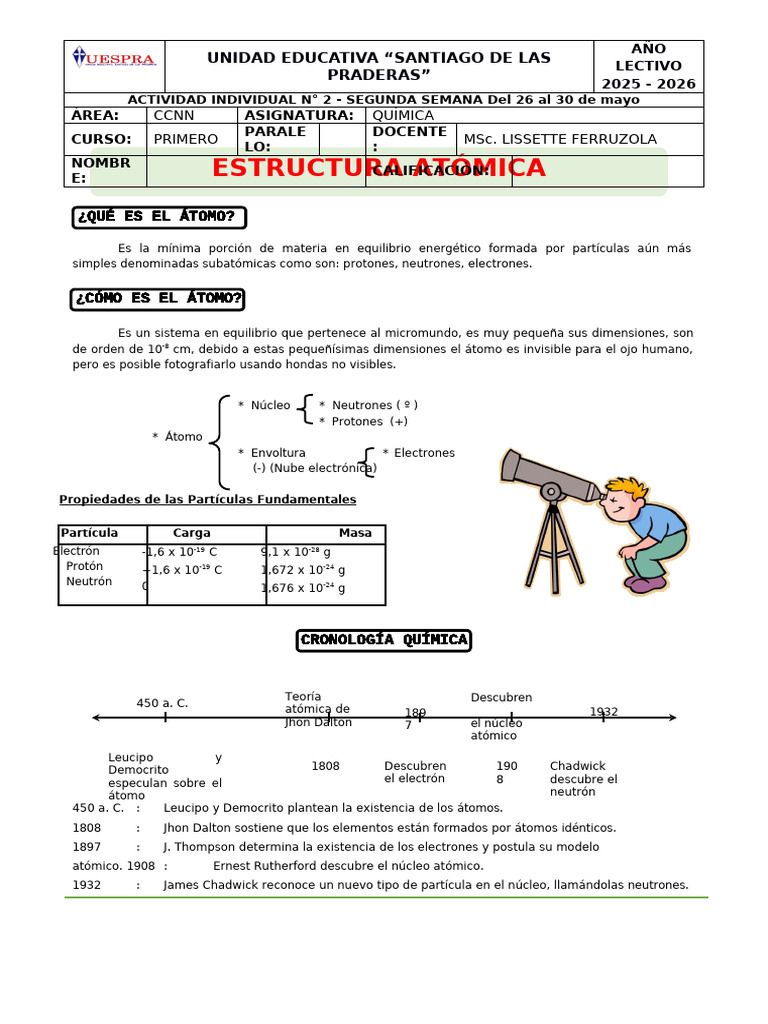 ACTIVIDAD N° 2 - SEGUNDA SEMANA Del 26 al 30 de mayo.pdf - 1ero | PDF | Núcleo atómico | Átomos