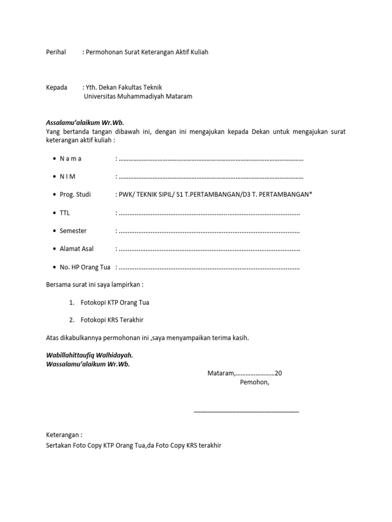 Blangko Surat Permohonan Keterangan Aktif Kuliah2 | PDF
