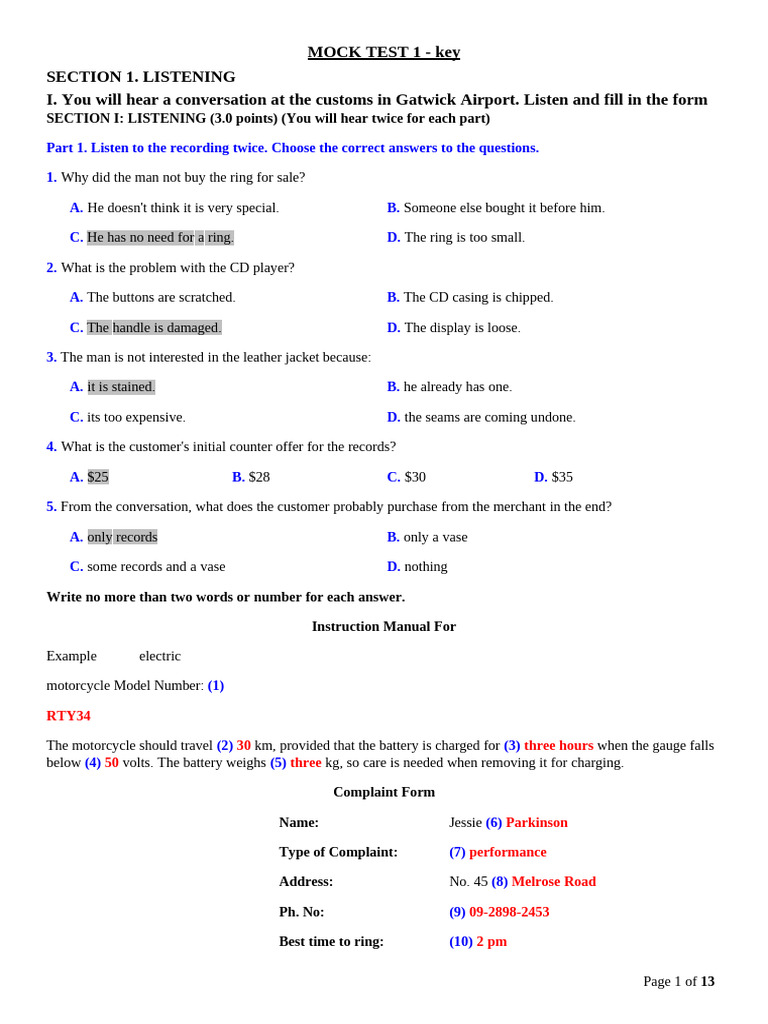 MOCK TEST 1 Key | PDF | Foods | Libraries