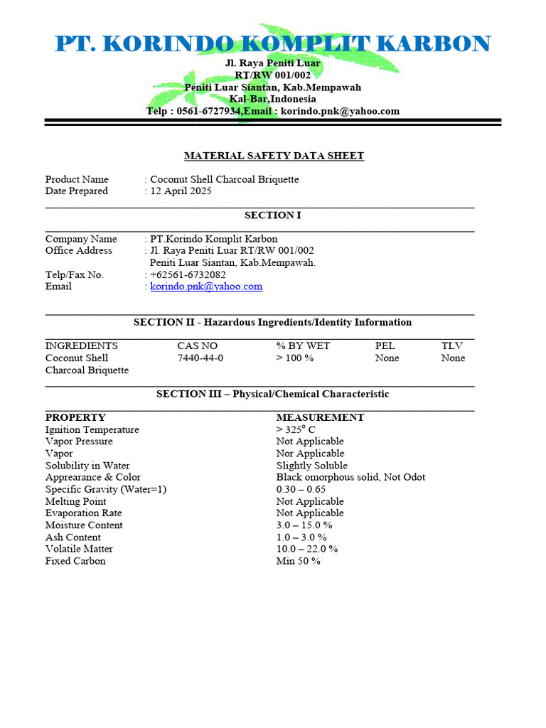 Coconut Shell Charcoal MSDS Guide | PDF | Materials | Occupational ...
