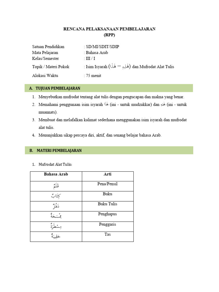 RPP Bahasa Arab: Isim Isyarah & Alat Tulis | PDF
