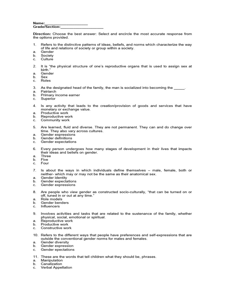 Gender Concepts and Socialization Quiz | PDF | Gender | Gender Studies