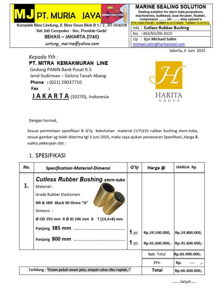 Penawaran Harga & Spesifikasi Rubber Cutless Bearing 463 | PDF