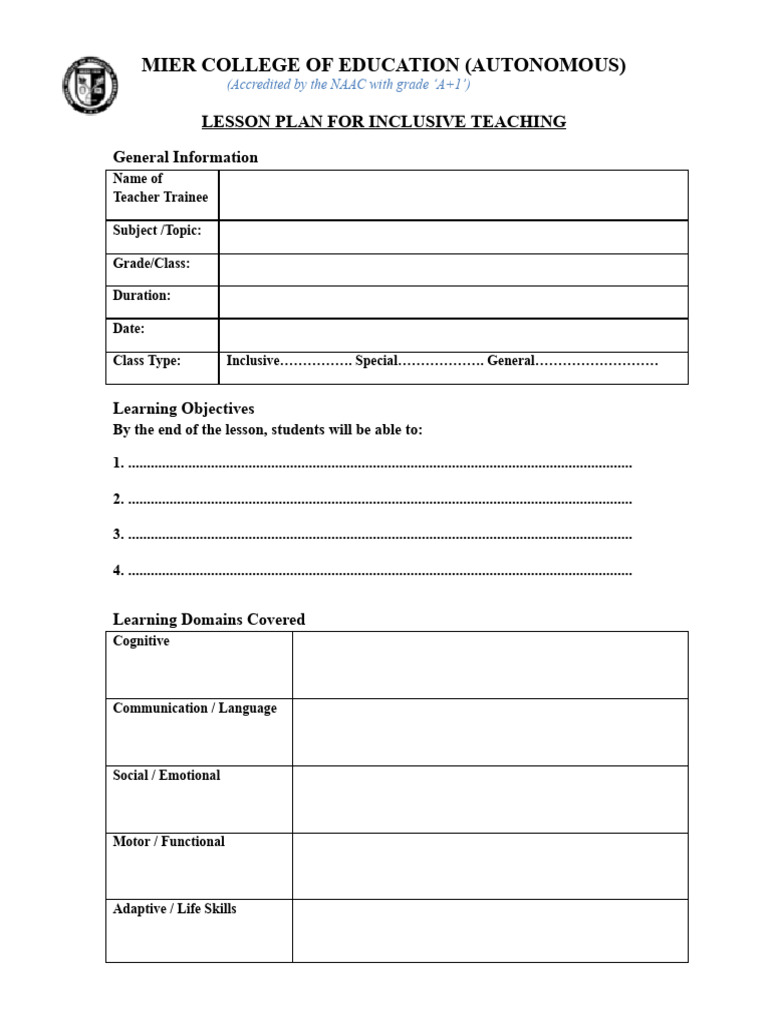 Inclusive Lesson Plan Blank Template | PDF | Lesson Plan | Teachers