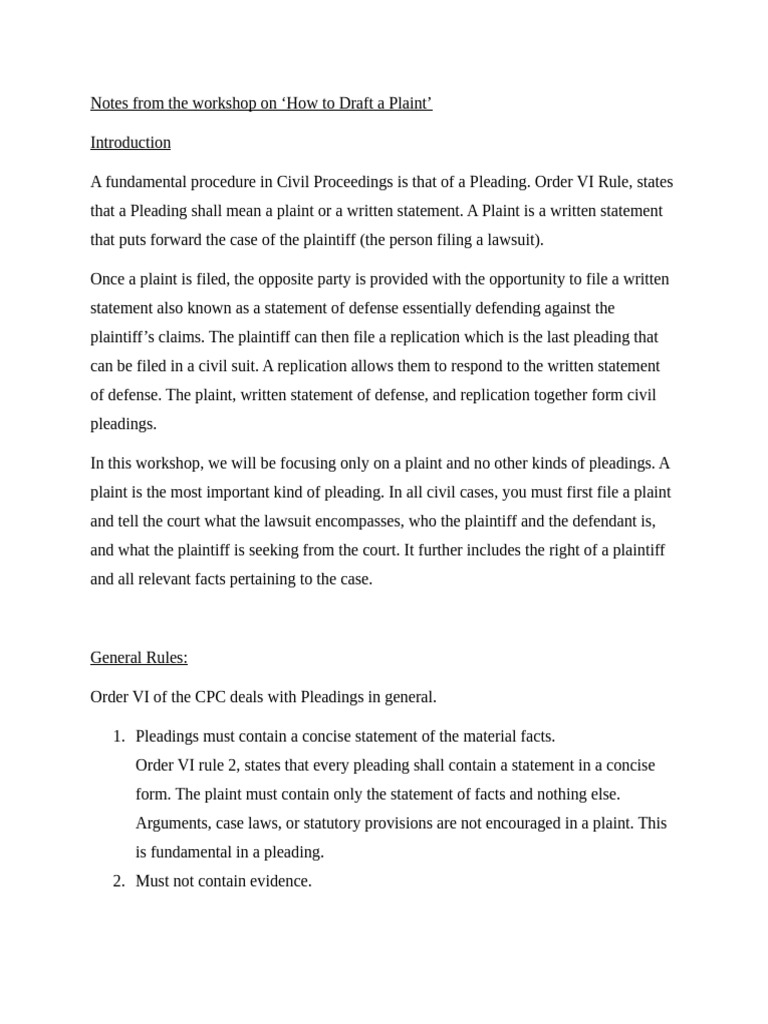 Plaint Drafting Workshop Notes | PDF | Lawsuit | Pleading