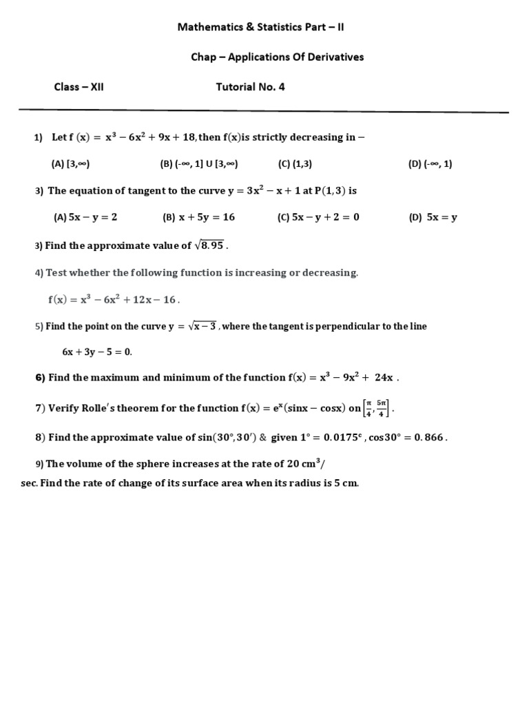 Tutorial No 5 Application of Derivatives | PDF
