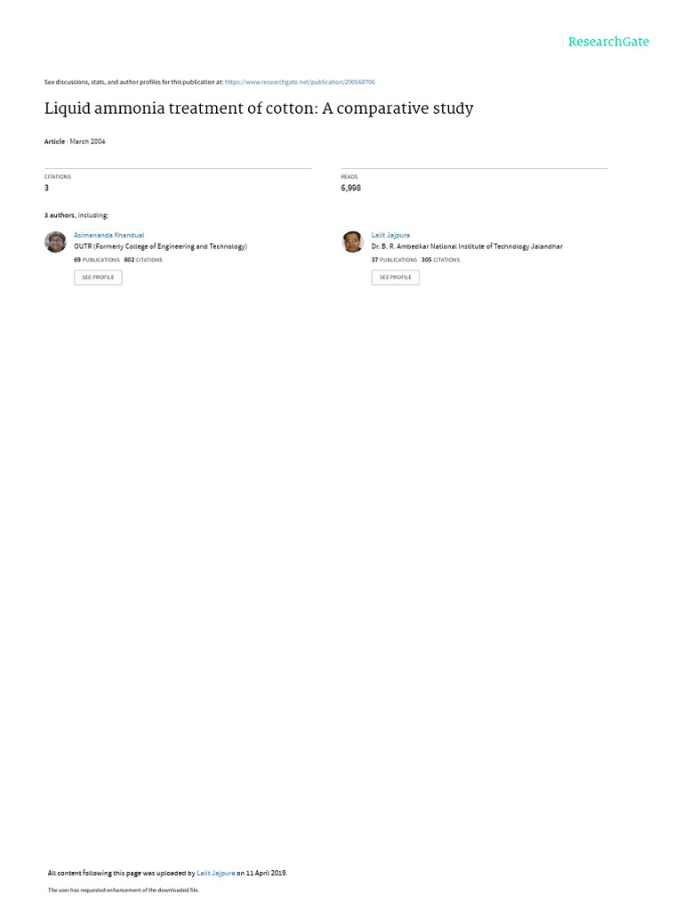 Liquid Ammonia Treatment of Cotton a Comparative Study | PDF