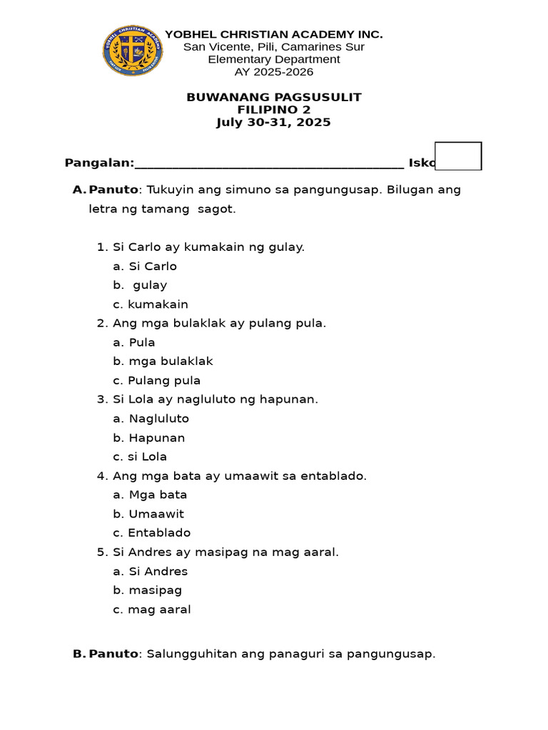 EXAM in Filipino 2 | PDF