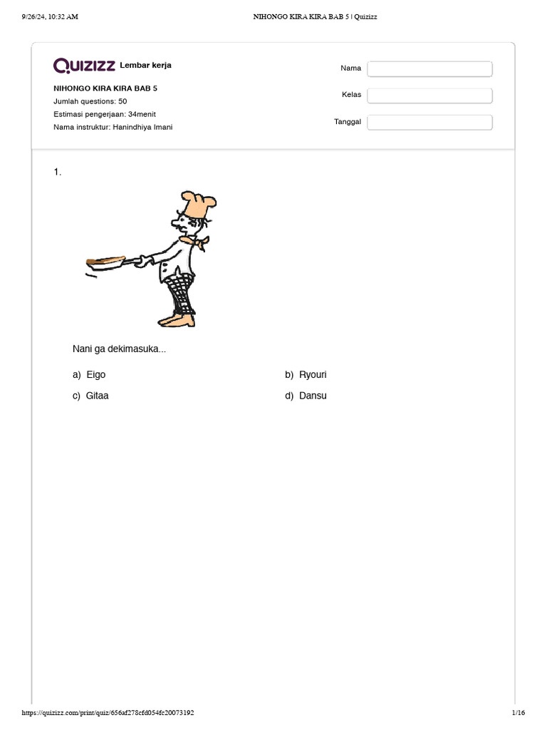 Nihongo Kira Kira Bab 5 - Quizizz | PDF