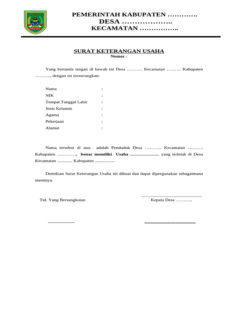 Surat Keterangan Usaha Desa | PDF