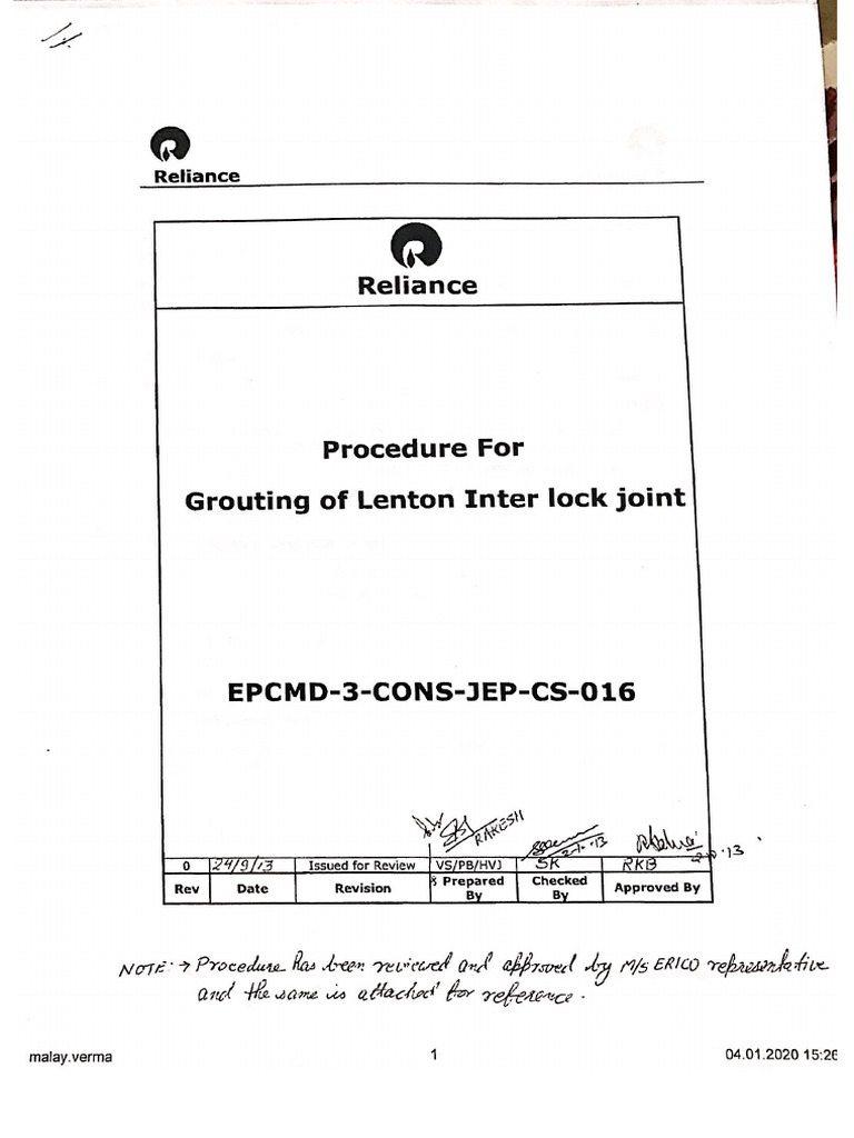 RIL Procedure for Lenton Interlock Grouting | PDF